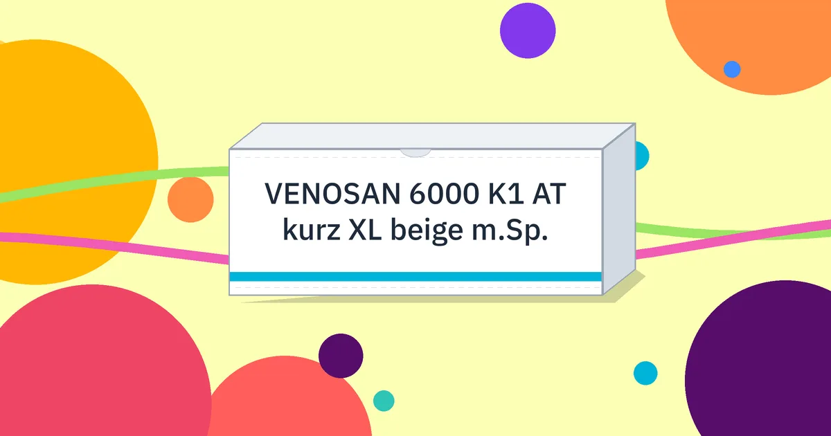 Symbolbild: Packung mit der Aufschrift VENOSAN 6000 K1 AT kurz XL beige m.Sp. (PZN 17171993) – Verfügbarkeit und Bezug in Apotheken in Frankfurt am Main