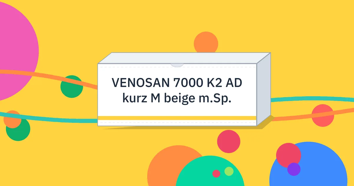 Symbolbild: Packung mit der Aufschrift VENOSAN 7000 K2 AD kurz M beige m.Sp. (PZN 14434305) – Verfügbarkeit und Bezug in Apotheken in Frankfurt am Main