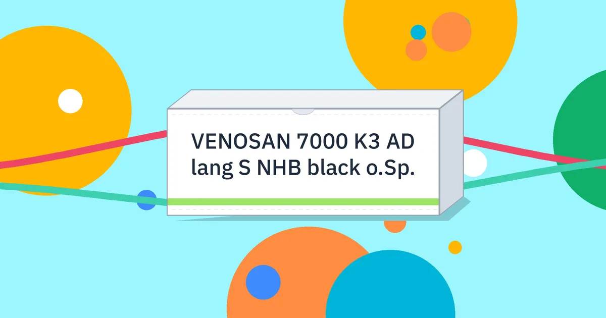 Symbolbild: Packung mit der Aufschrift VENOSAN 7000 K3 AD lang S NHB black o.Sp. (PZN 14436273) – Verfügbarkeit und Bezug in Apotheken in Frankfurt am Main
