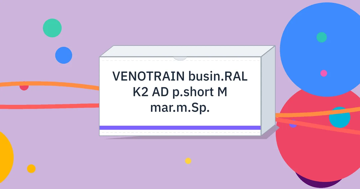 Symbolbild: Packung mit der Aufschrift VENOTRAIN busin.RAL K2 AD p.short M mar.m.Sp. (PZN 06949248) – Verfügbarkeit und Bezug in Apotheken in Frankfurt am Main