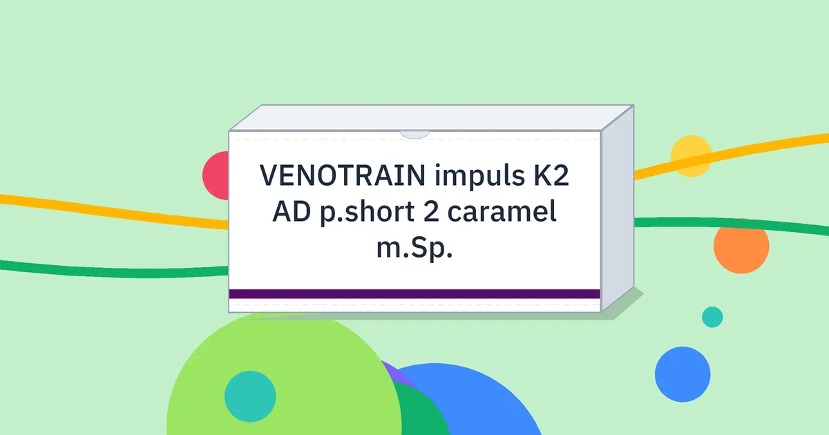 Symbolbild: Packung mit der Aufschrift VENOTRAIN impuls K2 AD p.short 2 caramel m.Sp. (PZN 00612223) – Verfügbarkeit und Bezug in Apotheken in Frankfurt am Main