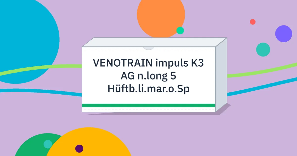 Symbolbild: Packung mit der Aufschrift VENOTRAIN impuls K3 AG n.long 5 Hüftb.li.mar.o.Sp (PZN 15220322) – Verfügbarkeit und Bezug in Apotheken in Frankfurt am Main