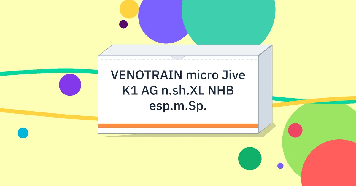Symbolbild: Packung mit der Aufschrift VENOTRAIN micro Jive K1 AG n.sh.XL NHB esp.m.Sp. (PZN 17765712) – Verfügbarkeit und Bezug in Apotheken in Frankfurt am Main