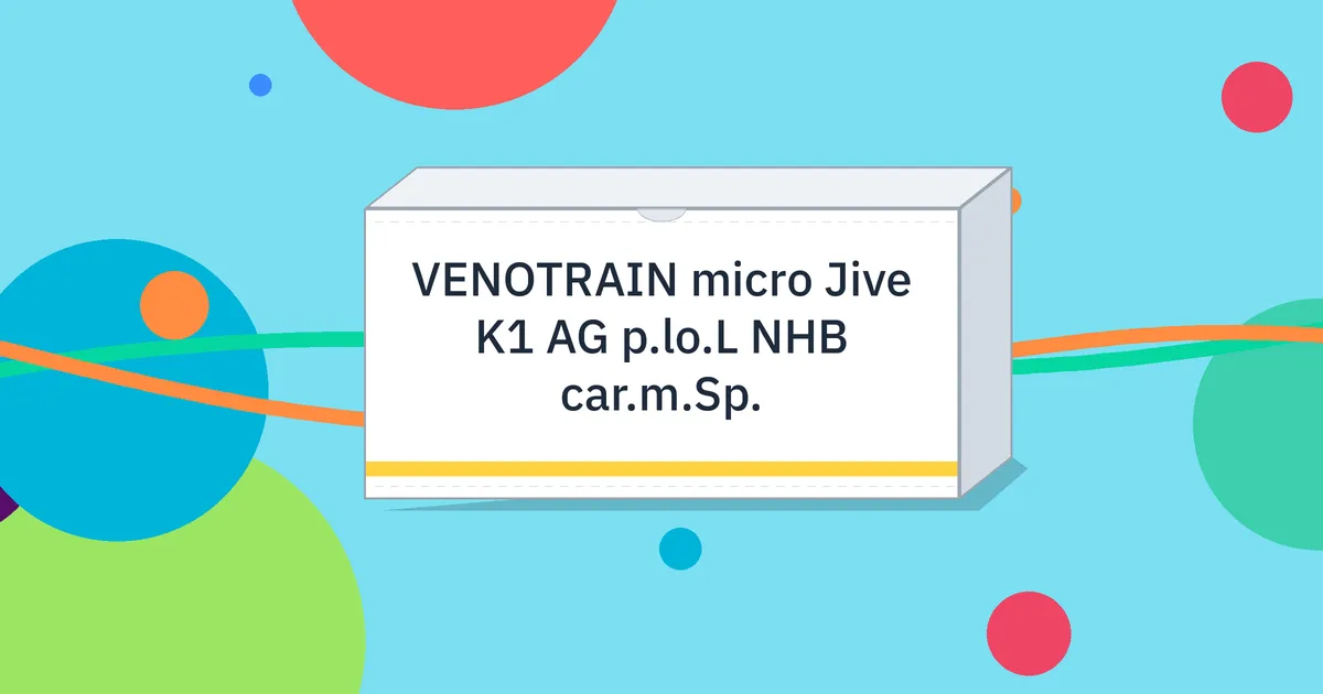 Symbolbild: Packung mit der Aufschrift VENOTRAIN micro Jive K1 AG p.lo.L NHB car.m.Sp. (PZN 17764262) – Verfügbarkeit und Bezug in Apotheken in Frankfurt am Main