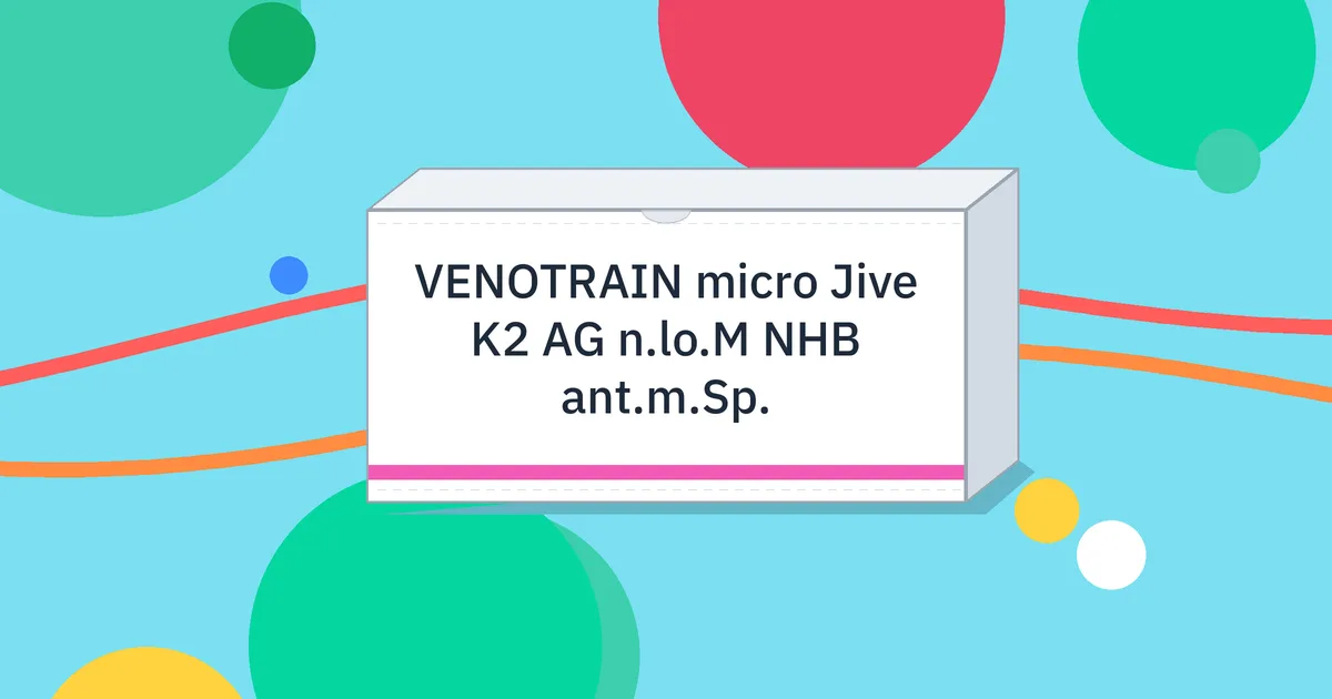 Symbolbild: Packung mit der Aufschrift VENOTRAIN micro Jive K2 AG n.lo.M NHB ant.m.Sp. (PZN 17766686) – Verfügbarkeit und Bezug in Apotheken in Frankfurt am Main