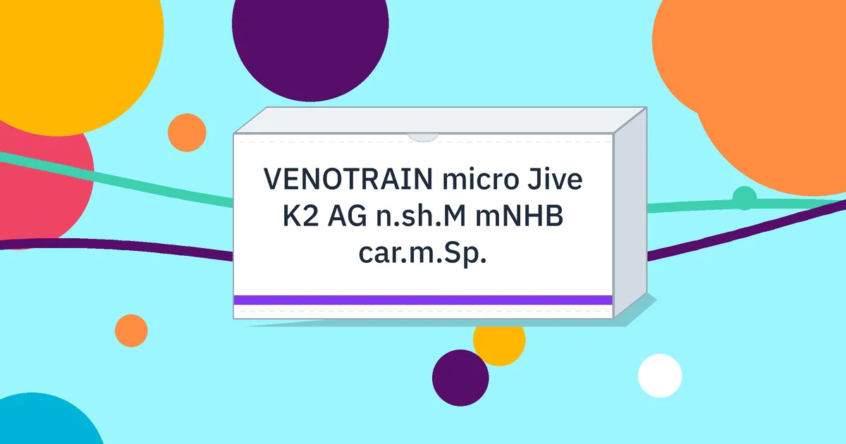 Symbolbild: Packung mit der Aufschrift VENOTRAIN micro Jive K2 AG n.sh.M mNHB car.m.Sp. (PZN 17758818) – Verfügbarkeit und Bezug in Apotheken in Frankfurt am Main