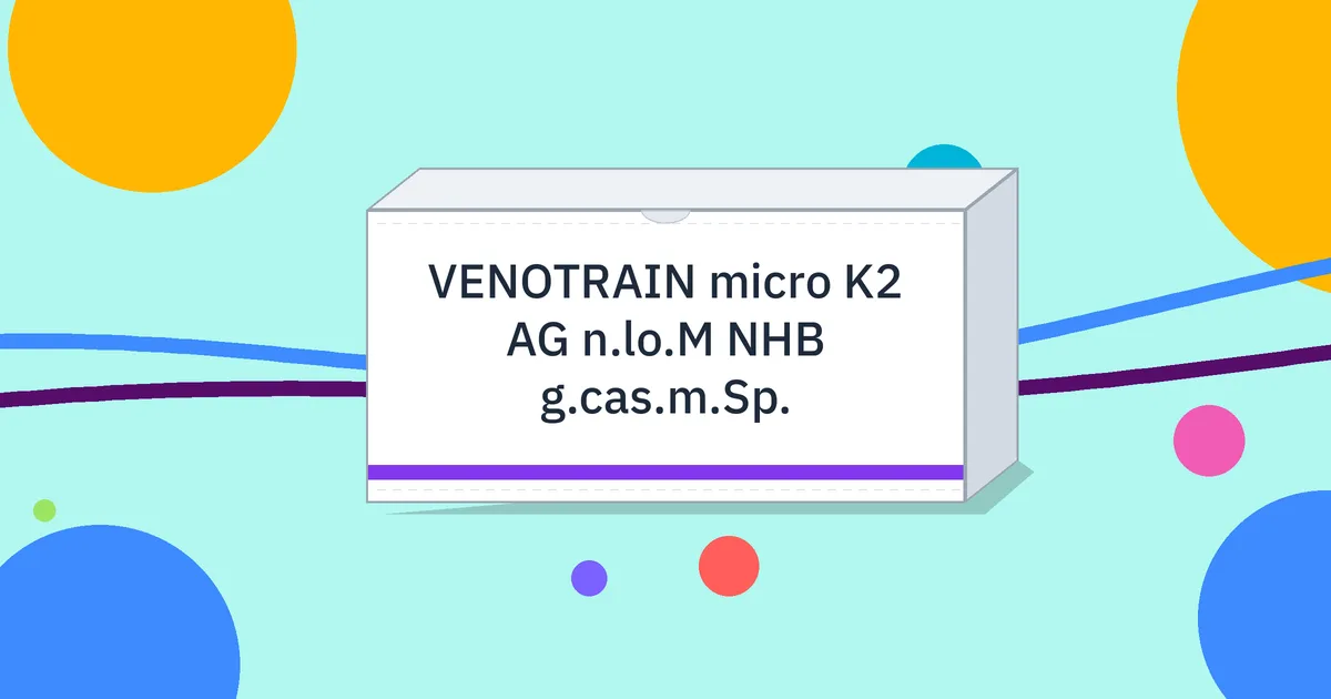 Symbolbild: Packung mit der Aufschrift VENOTRAIN micro K2 AG n.lo.M NHB g.cas.m.Sp. (PZN 20759276) – Verfügbarkeit und Bezug in Apotheken in Frankfurt am Main