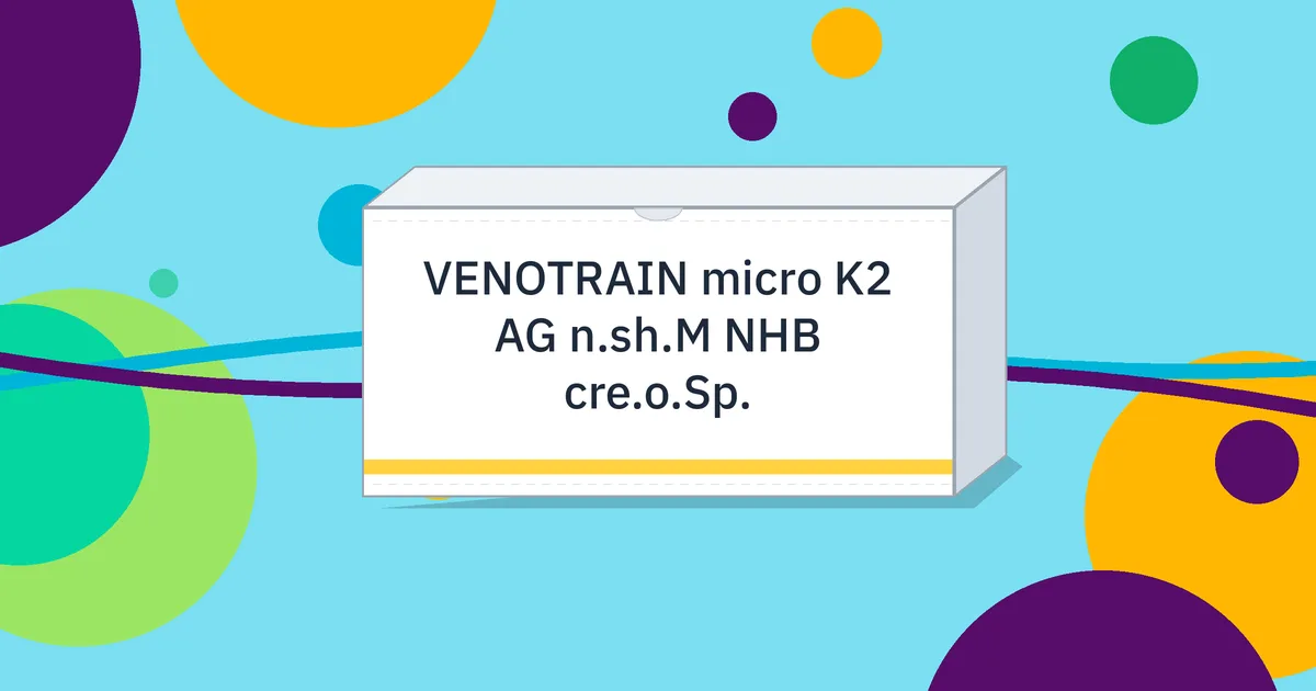 Symbolbild: Packung mit der Aufschrift VENOTRAIN micro K2 AG n.sh.M NHB cre.o.Sp. (PZN 05716602) – Verfügbarkeit und Bezug in Apotheken in Frankfurt am Main
