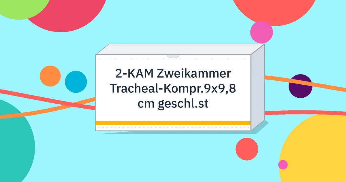 Symbolbild: Packung mit der Aufschrift 2-KAM Zweikammer Tracheal-Kompr.9x9,8 cm geschl.st (PZN 01879715) – Verfügbarkeit und Bezug in Apotheken in Frankfurt am Main