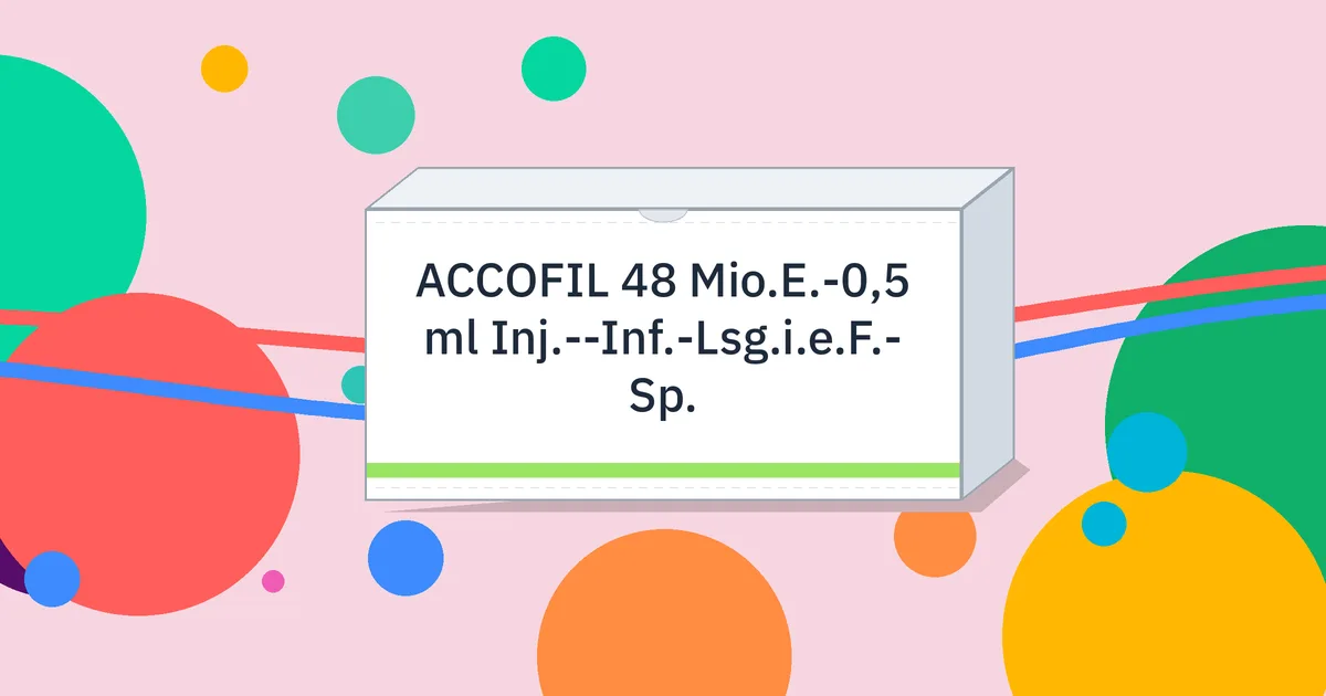 Symbolbild: Packung mit der Aufschrift ACCOFIL 48 Mio.E.-0,5 ml Inj.--Inf.-Lsg.i.e.F.-Sp. (PZN 19985412) – Verfügbarkeit und Bezug in Apotheken in Frankfurt am Main