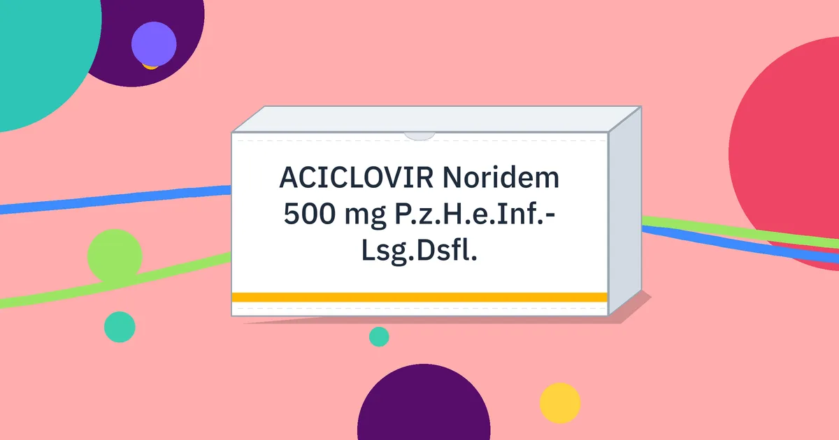 Symbolbild: Packung mit der Aufschrift ACICLOVIR Noridem 500 mg P.z.H.e.Inf.-Lsg.Dsfl. (PZN 18725034) – Verfügbarkeit und Bezug in Apotheken in Frankfurt am Main