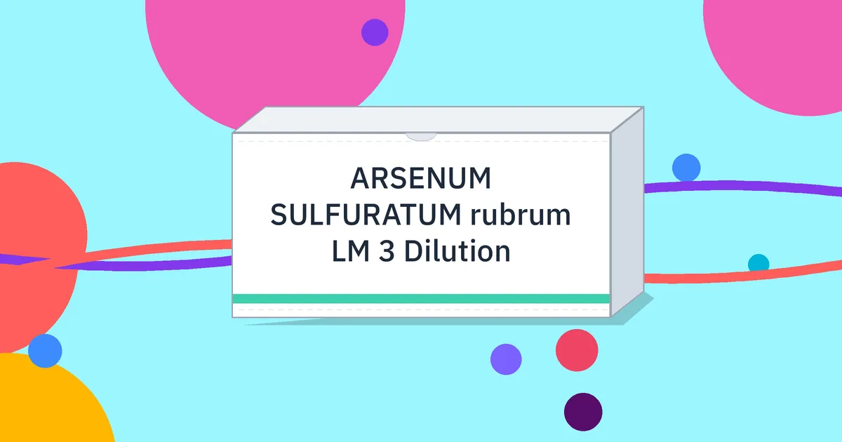 Symbolbild: Packung mit der Aufschrift ARSENUM SULFURATUM rubrum LM 3 Dilution (PZN 12779678) – Verfügbarkeit und Bezug in Apotheken in Frankfurt am Main