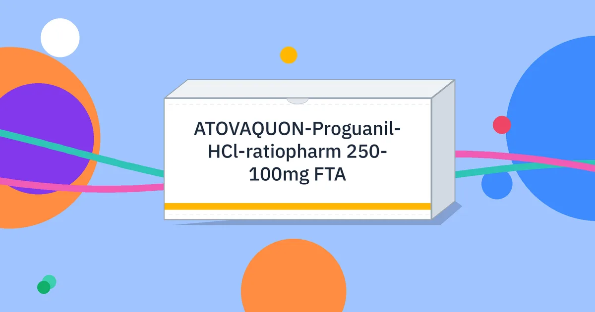 Symbolbild: Packung mit der Aufschrift ATOVAQUON-Proguanil-HCl-ratiopharm 250-100mg FTA (PZN 13723390) – Verfügbarkeit und Bezug in Apotheken in Frankfurt am Main