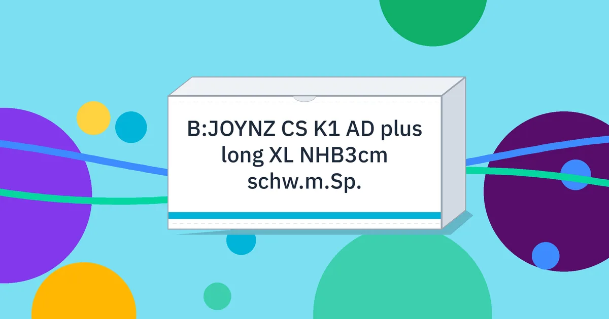 Symbolbild: Packung mit der Aufschrift B:JOYNZ CS K1 AD plus long XL NHB3cm schw.m.Sp. (PZN 20529458) – Verfügbarkeit und Bezug in Apotheken in Frankfurt am Main