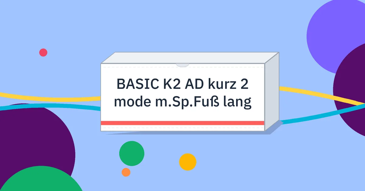 Symbolbild: Packung mit der Aufschrift BASIC K2 AD kurz 2 mode m.Sp.Fuß lang (PZN 20264155) – Verfügbarkeit und Bezug in Apotheken in Frankfurt am Main