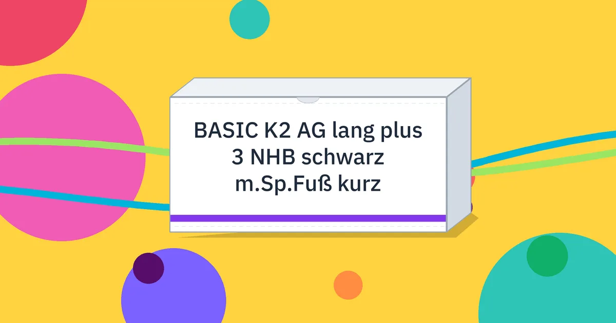 Symbolbild: Packung mit der Aufschrift BASIC K2 AG lang plus 3 NHB schwarz m.Sp.Fuß kurz (PZN 20267024) – Verfügbarkeit und Bezug in Apotheken in Frankfurt am Main
