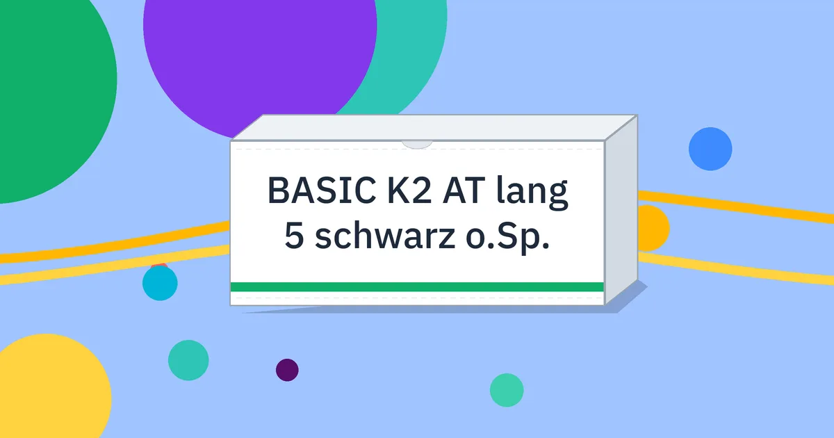 Symbolbild: Packung mit der Aufschrift BASIC K2 AT lang 5 schwarz o.Sp. (PZN 20269537) – Verfügbarkeit und Bezug in Apotheken in Frankfurt am Main