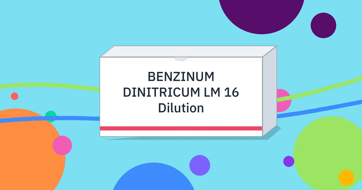 Symbolbild: Packung mit der Aufschrift BENZINUM DINITRICUM LM 16 Dilution (PZN 13382316) – Verfügbarkeit und Bezug in Apotheken in Frankfurt am Main