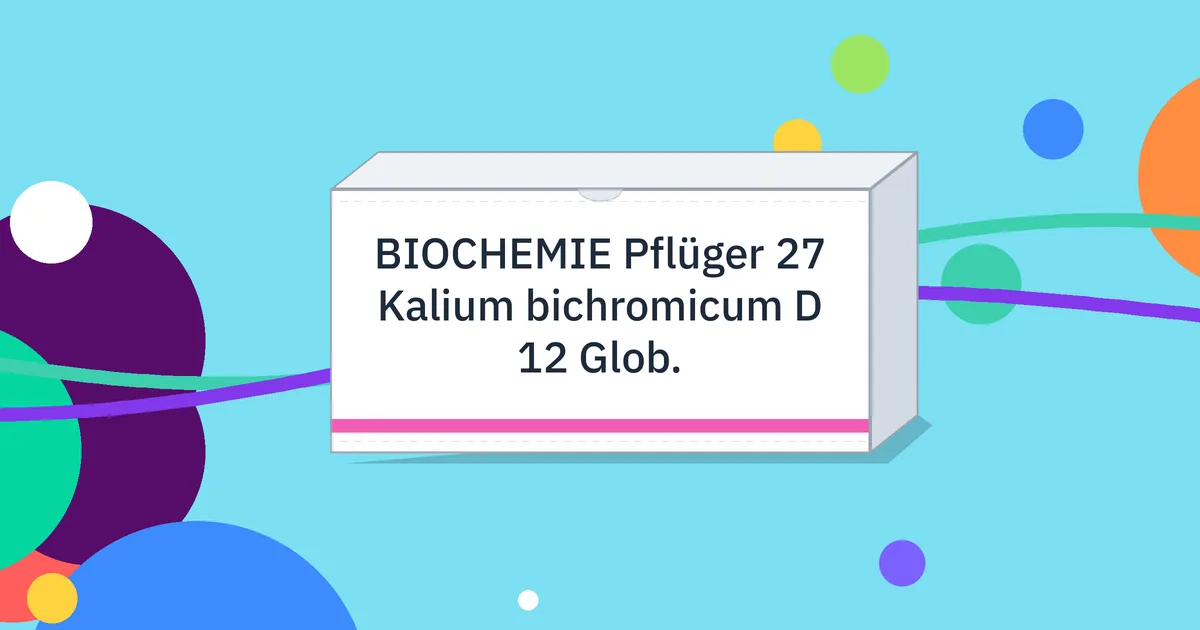 Symbolbild: Packung mit der Aufschrift BIOCHEMIE Pflüger 27 Kalium bichromicum D 12 Glob. (PZN 17278432) – Verfügbarkeit und Bezug in Apotheken in Frankfurt am Main