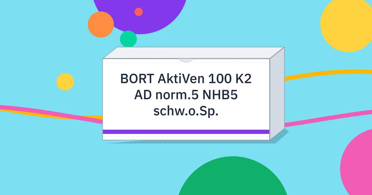Symbolbild: Packung mit der Aufschrift BORT AktiVen 100 K2 AD norm.5 NHB5 schw.o.Sp. (PZN 17496867) – Verfügbarkeit und Bezug in Apotheken in Frankfurt am Main