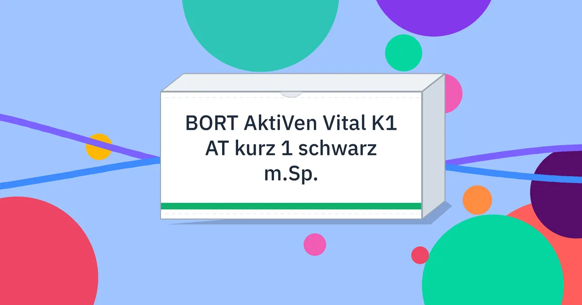 Symbolbild: Packung mit der Aufschrift BORT AktiVen Vital K1 AT kurz 1 schwarz m.Sp. (PZN 13739882) – Verfügbarkeit und Bezug in Apotheken in Frankfurt am Main