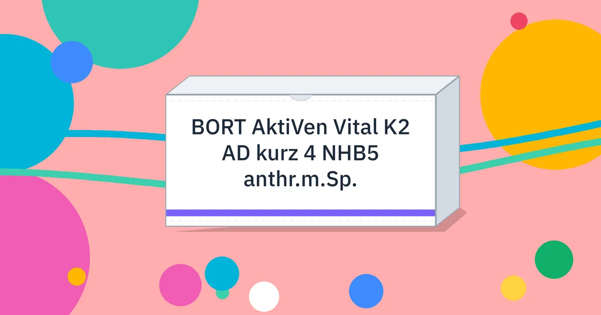 Symbolbild: Packung mit der Aufschrift BORT AktiVen Vital K2 AD kurz 4 NHB5 anthr.m.Sp. (PZN 17495081) – Verfügbarkeit und Bezug in Apotheken in Frankfurt am Main