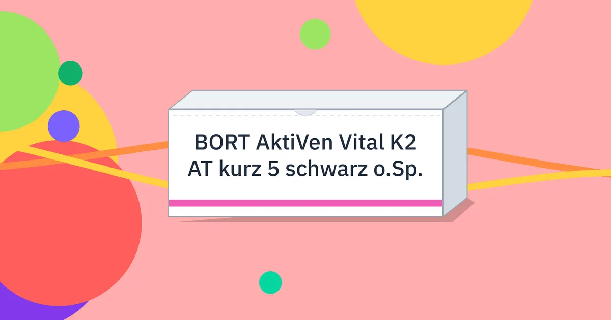 Symbolbild: Packung mit der Aufschrift BORT AktiVen Vital K2 AT kurz 5 schwarz o.Sp. (PZN 13740431) – Verfügbarkeit und Bezug in Apotheken in Frankfurt am Main
