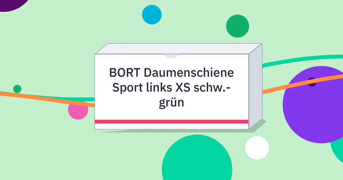 Symbolbild: Packung mit der Aufschrift BORT Daumenschiene Sport links XS schw.-grün (PZN 19110748) – Verfügbarkeit und Bezug in Apotheken in Frankfurt am Main