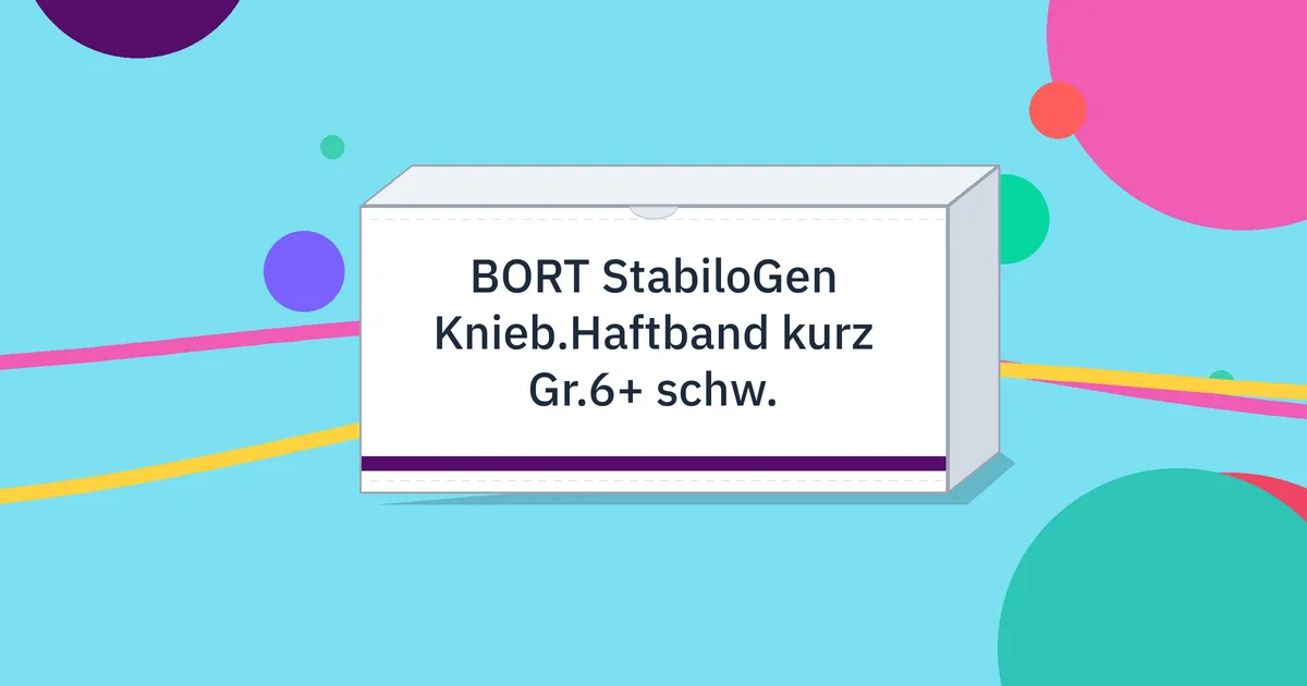 Symbolbild: Packung mit der Aufschrift BORT StabiloGen Knieb.Haftband kurz Gr.6+ schw. (PZN 19634865) – Verfügbarkeit und Bezug in Apotheken in Frankfurt am Main