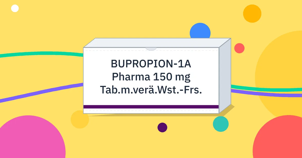 Symbolbild: Packung mit der Aufschrift BUPROPION-1A Pharma 150 mg Tab.m.verä.Wst.-Frs. (PZN 17671081) – Verfügbarkeit und Bezug in Apotheken in Frankfurt am Main