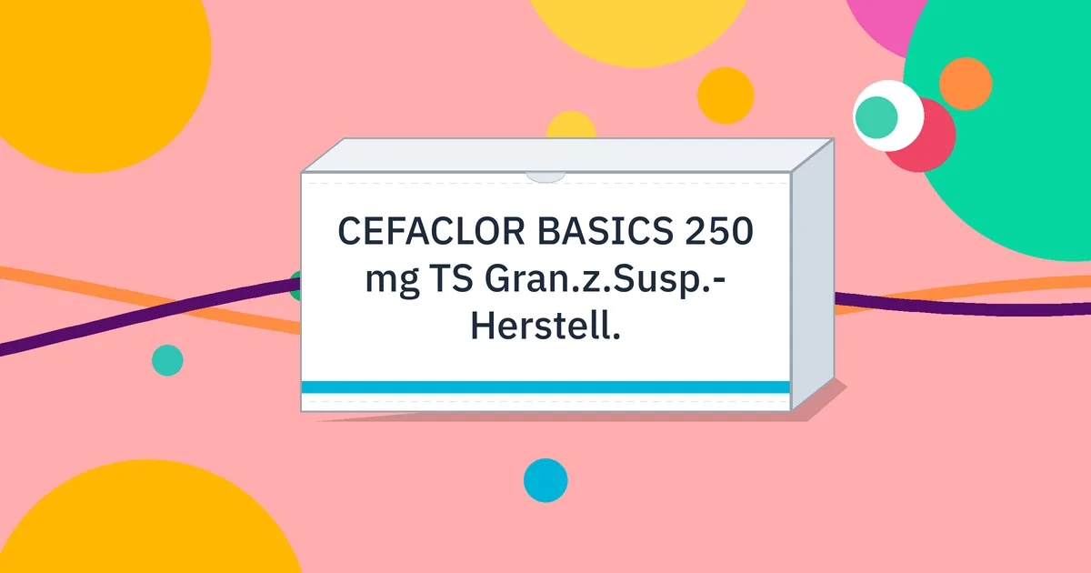 Symbolbild: Packung mit der Aufschrift CEFACLOR BASICS 250 mg TS Gran.z.Susp.-Herstell. (PZN 05486467) – Verfügbarkeit und Bezug in Apotheken in Frankfurt am Main