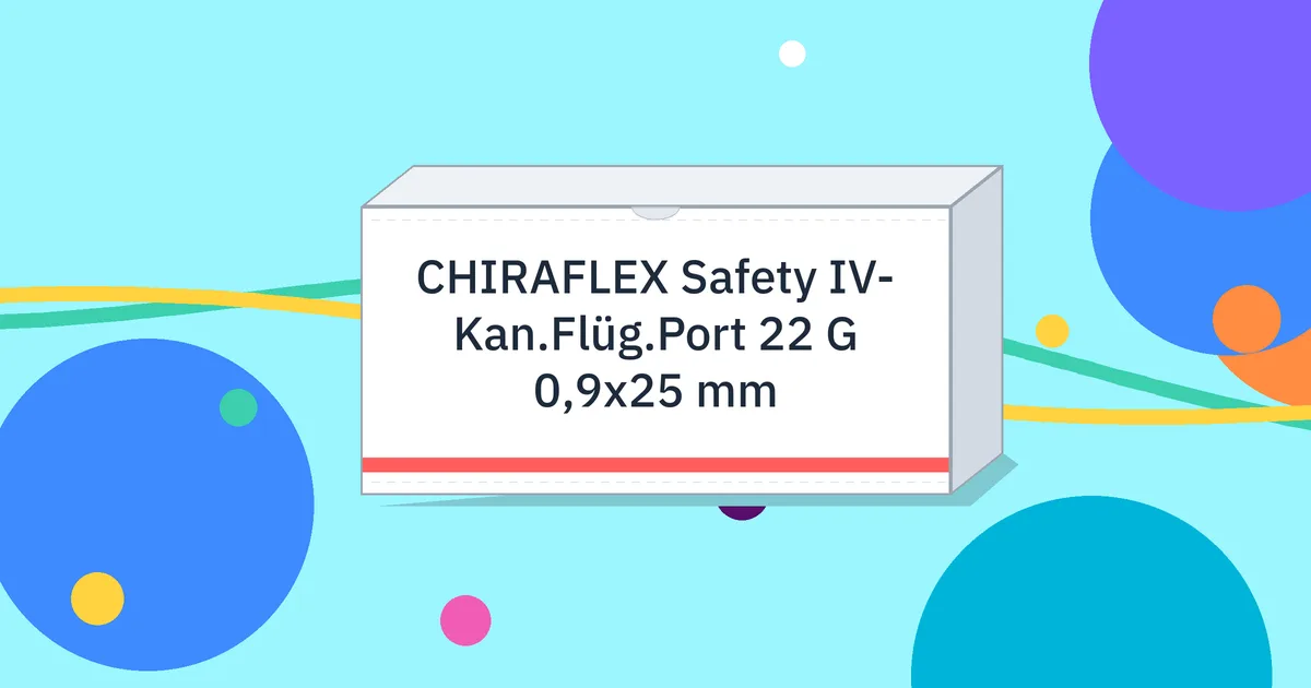 Symbolbild: Packung mit der Aufschrift CHIRAFLEX Safety IV-Kan.Flüg.Port 22 G 0,9x25 mm (PZN 17253159) – Verfügbarkeit und Bezug in Apotheken in Frankfurt am Main