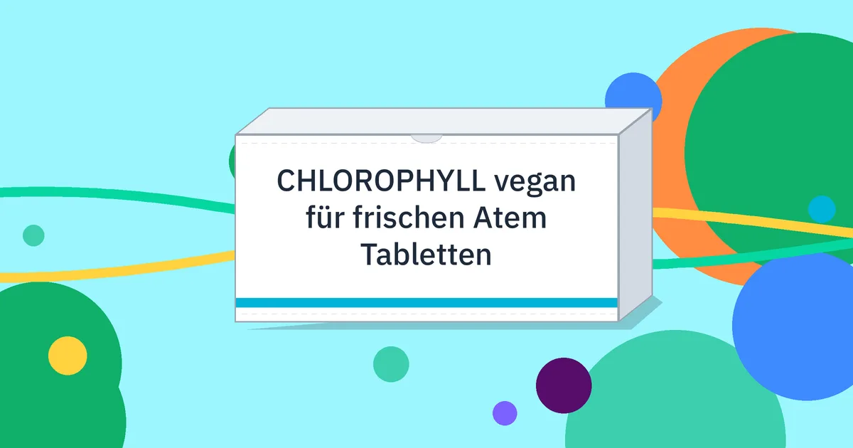 Symbolbild: Packung mit der Aufschrift CHLOROPHYLL vegan für frischen Atem Tabletten (PZN 15615061) – Verfügbarkeit und Bezug in Apotheken in Frankfurt am Main