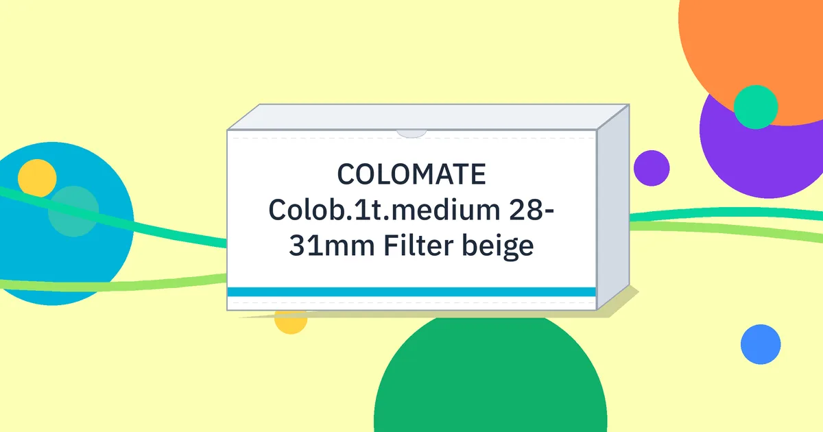 Symbolbild: Packung mit der Aufschrift COLOMATE Colob.1t.medium 28-31mm Filter beige (PZN 10098276) – Verfügbarkeit und Bezug in Apotheken in Frankfurt am Main