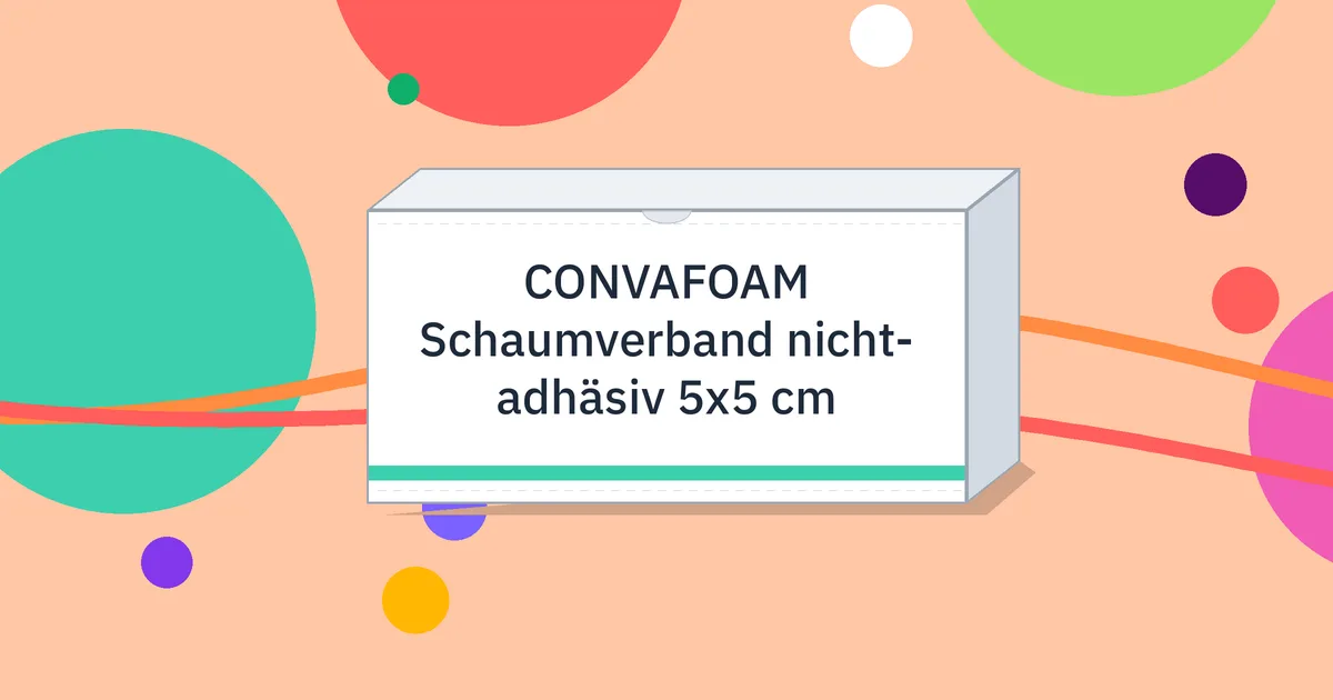 Symbolbild: Packung mit der Aufschrift CONVAFOAM Schaumverband nicht-adhäsiv 5x5 cm (PZN 20467510) – Verfügbarkeit und Bezug in Apotheken in Frankfurt am Main
