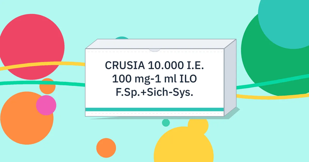 Symbolbild: Packung mit der Aufschrift CRUSIA 10.000 I.E. 100 mg-1 ml ILO F.Sp.+Sich-Sys. (PZN 15861908) – Verfügbarkeit und Bezug in Apotheken in Frankfurt am Main