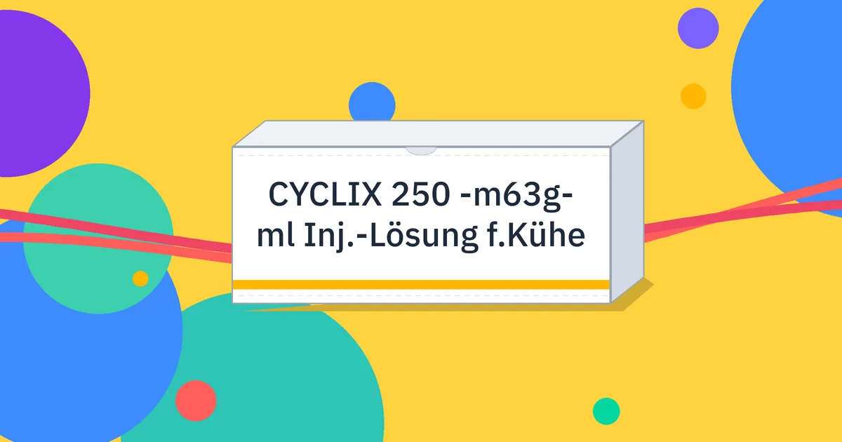 Symbolbild: Packung mit der Aufschrift CYCLIX 250 -m63g-ml Inj.-Lösung f.Kühe (PZN 05355819) – Verfügbarkeit und Bezug in Apotheken in Frankfurt am Main