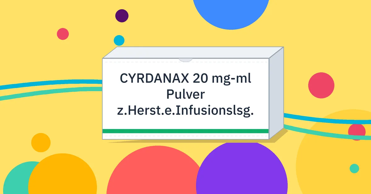 Symbolbild: Packung mit der Aufschrift CYRDANAX 20 mg-ml Pulver z.Herst.e.Infusionslsg. (PZN 11228315) – Verfügbarkeit und Bezug in Apotheken in Frankfurt am Main