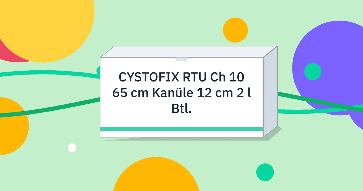 Symbolbild: Packung mit der Aufschrift CYSTOFIX RTU Ch 10 65 cm Kanüle 12 cm 2 l Btl. (PZN 11584760) – Verfügbarkeit und Bezug in Apotheken in Frankfurt am Main