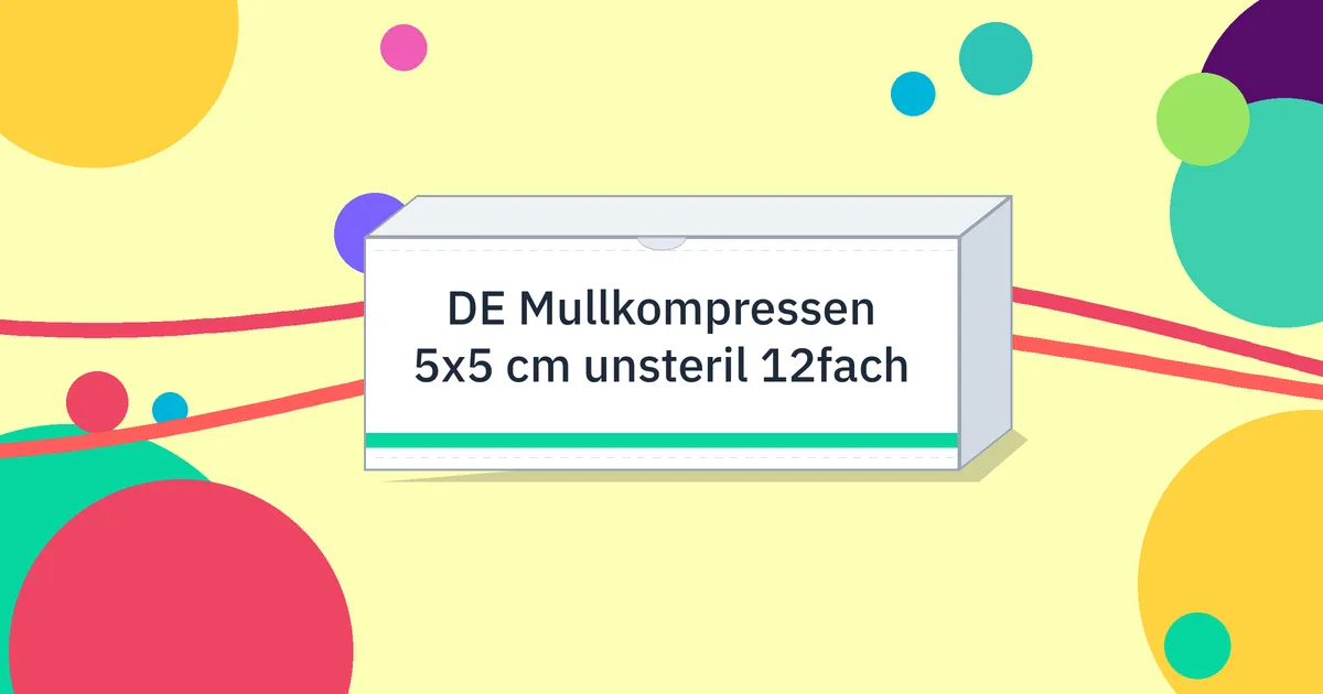 Symbolbild: Packung mit der Aufschrift DE Mullkompressen 5x5 cm unsteril 12fach (PZN 03227804) – Verfügbarkeit und Bezug in Apotheken in Frankfurt am Main
