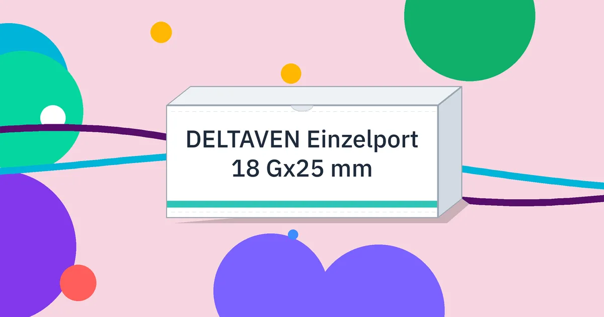 Symbolbild: Packung mit der Aufschrift DELTAVEN Einzelport 18 Gx25 mm (PZN 20365212) – Verfügbarkeit und Bezug in Apotheken in Frankfurt am Main