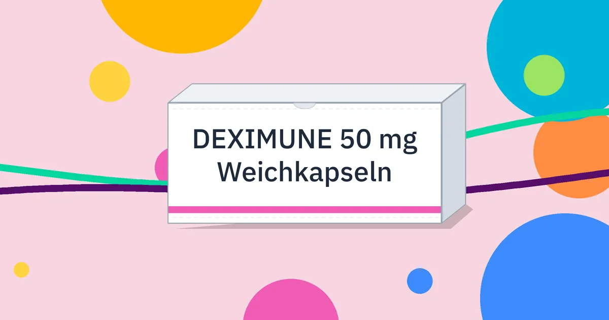 Symbolbild: Packung mit der Aufschrift DEXIMUNE 50 mg Weichkapseln (PZN 06056409) – Verfügbarkeit und Bezug in Apotheken in Frankfurt am Main