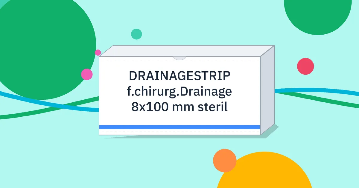 Symbolbild: Packung mit der Aufschrift DRAINAGESTRIP f.chirurg.Drainage 8x100 mm steril (PZN 11481385) – Verfügbarkeit und Bezug in Apotheken in Frankfurt am Main