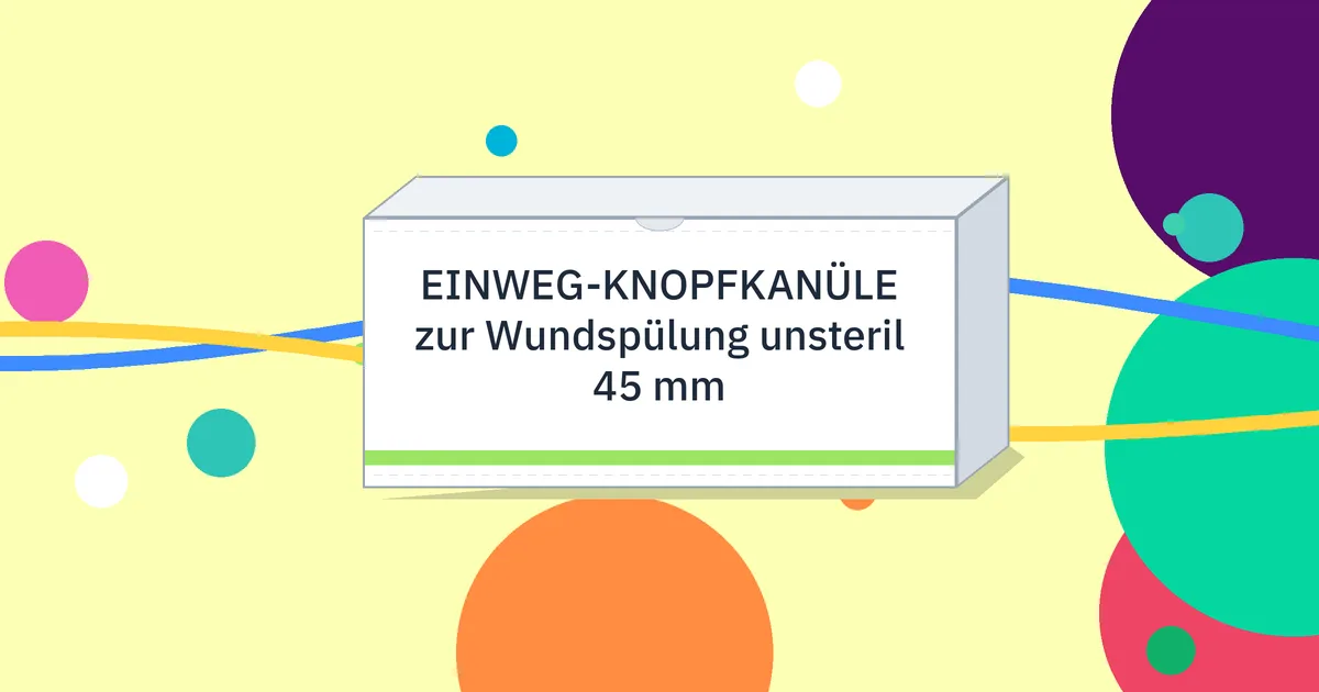 Symbolbild: Packung mit der Aufschrift EINWEG-KNOPFKANÜLE zur Wundspülung unsteril 45 mm (PZN 16956829) – Verfügbarkeit und Bezug in Apotheken in Frankfurt am Main