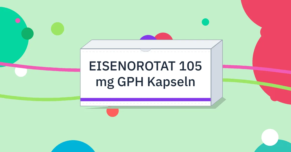 Symbolbild: Packung mit der Aufschrift EISENOROTAT 105 mg GPH Kapseln (PZN 16935460) – Verfügbarkeit und Bezug in Apotheken in Frankfurt am Main