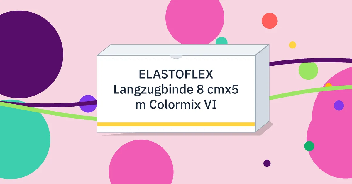 Symbolbild: Packung mit der Aufschrift ELASTOFLEX Langzugbinde 8 cmx5 m Colormix VI (PZN 17491835) – Verfügbarkeit und Bezug in Apotheken in Frankfurt am Main