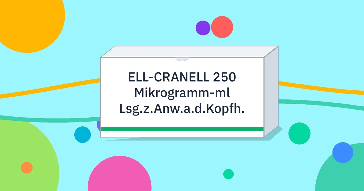 Symbolbild: Packung mit der Aufschrift ELL-CRANELL 250 Mikrogramm-ml Lsg.z.Anw.a.d.Kopfh. (PZN 15621819) – Verfügbarkeit und Bezug in Apotheken in Frankfurt am Main