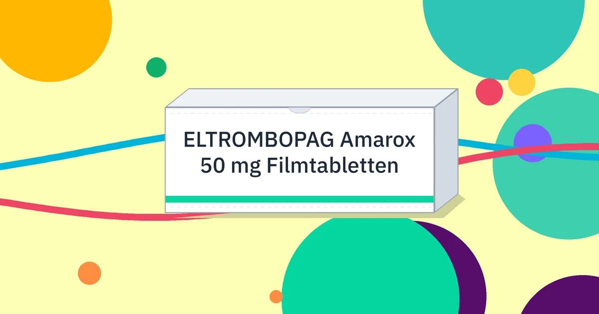 Symbolbild: Packung mit der Aufschrift ELTROMBOPAG Amarox 50 mg Filmtabletten (PZN 19708552) – Verfügbarkeit und Bezug in Apotheken in Frankfurt am Main