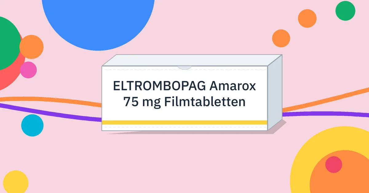 Symbolbild: Packung mit der Aufschrift ELTROMBOPAG Amarox 75 mg Filmtabletten (PZN 19708581) – Verfügbarkeit und Bezug in Apotheken in Frankfurt am Main