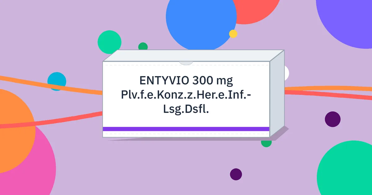 Symbolbild: Packung mit der Aufschrift ENTYVIO 300 mg Plv.f.e.Konz.z.Her.e.Inf.-Lsg.Dsfl. (PZN 18307236) – Verfügbarkeit und Bezug in Apotheken in Frankfurt am Main
